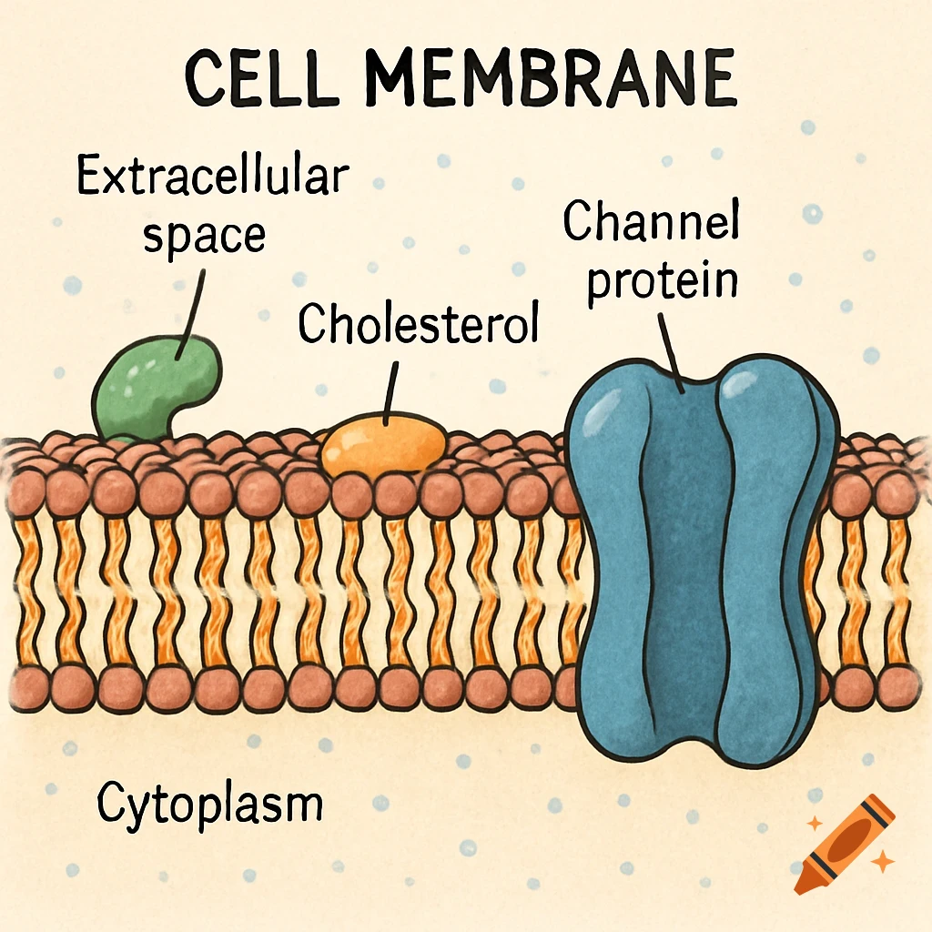 Illustration diagram of a cell membrane showing lipids, cholesterol, extracellular space ...