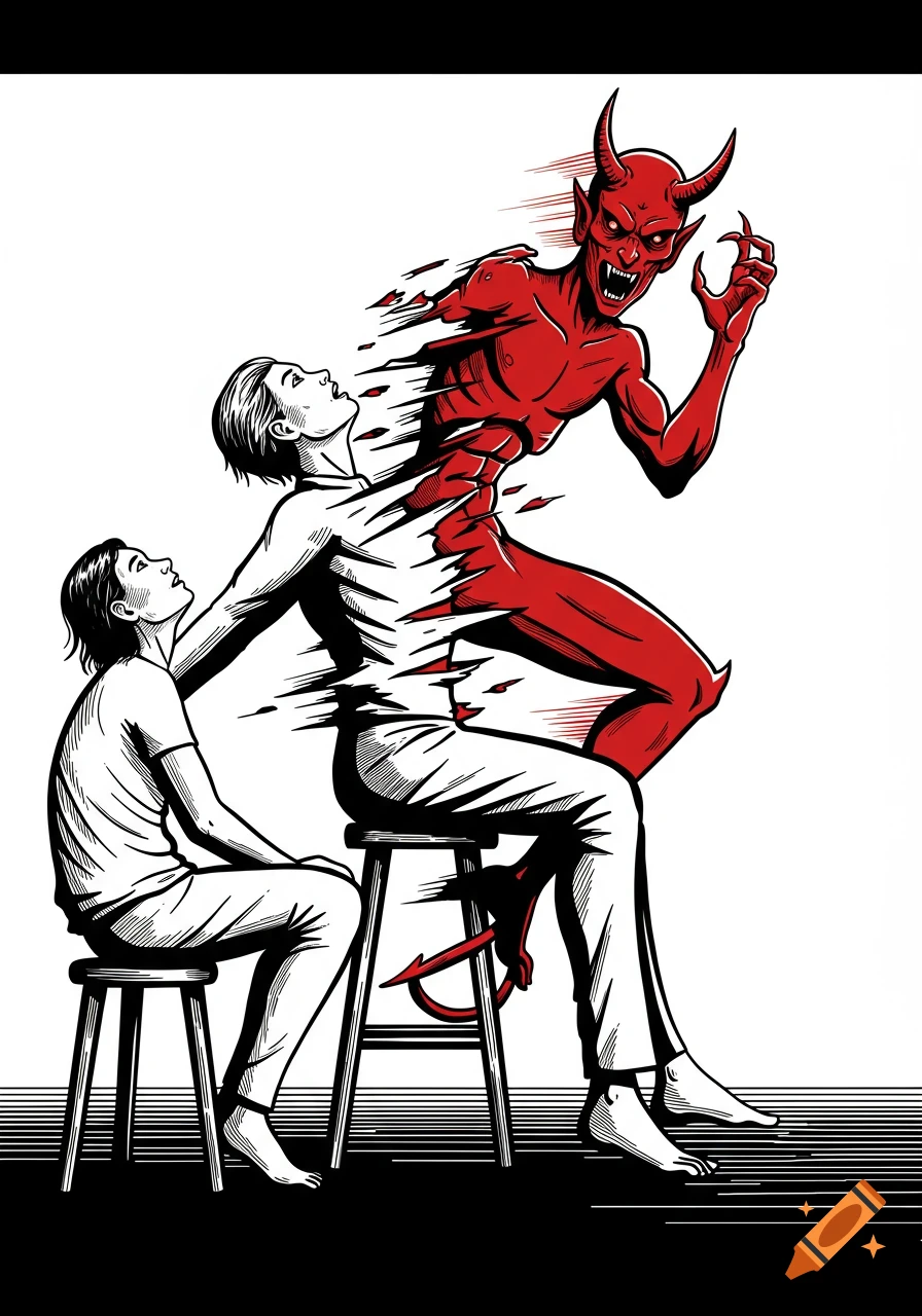 Stylized illustration of a red demon emerging from a human seated on a ...