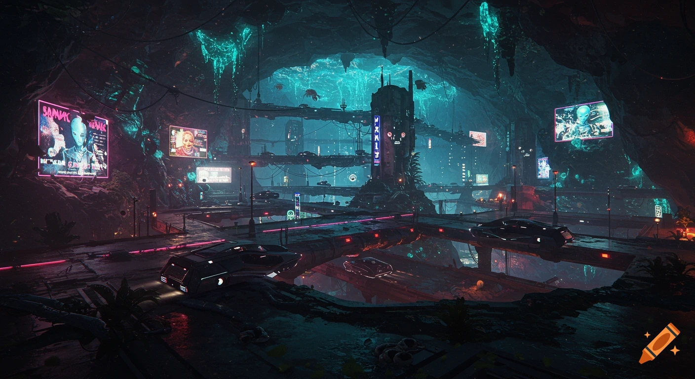 Cyberpunk alien city in a cavern at night with neon lights, futuristic ...