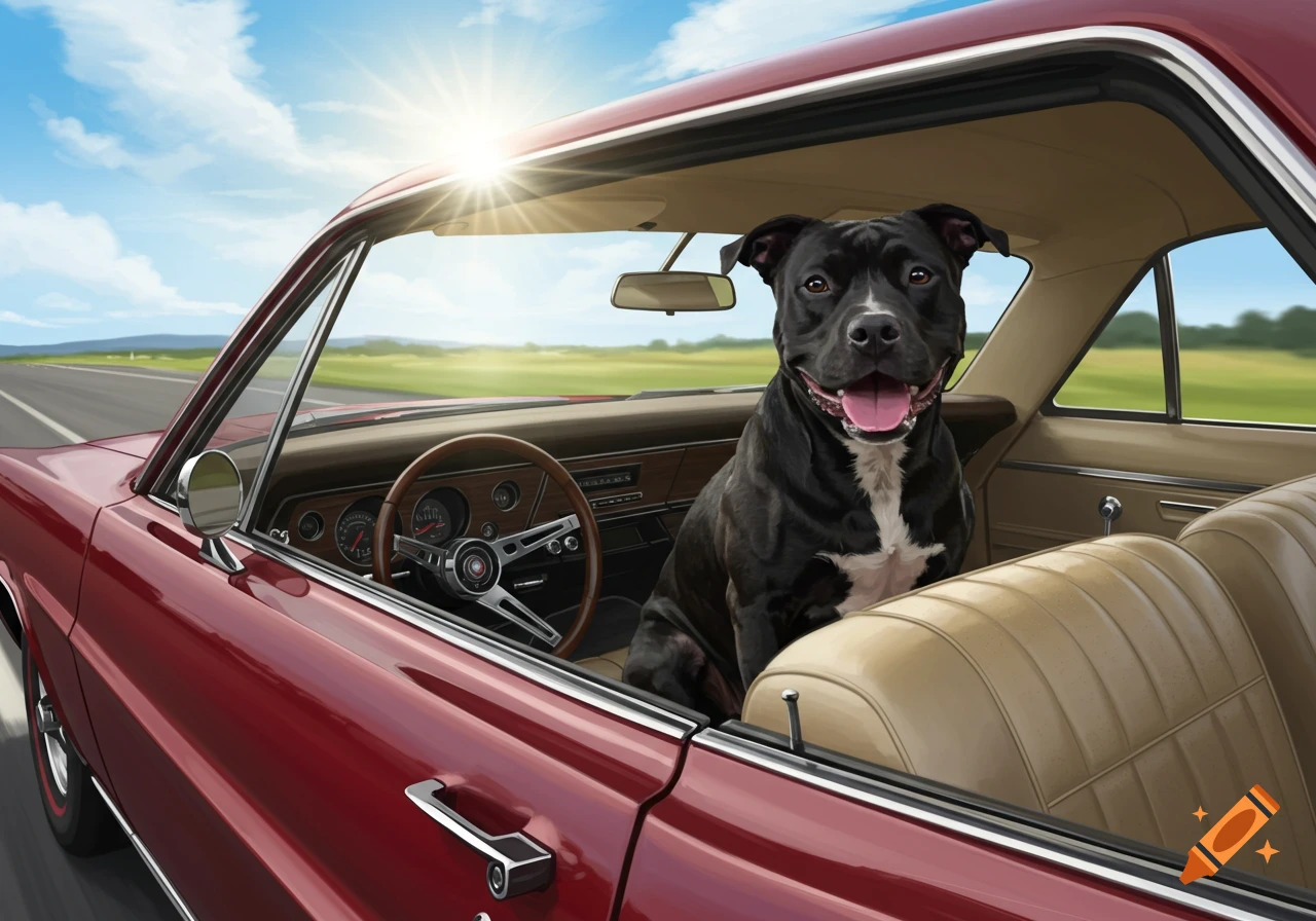 Black pit bull driving a red classic car down a road. on Craiyon