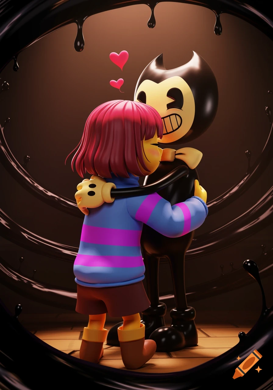 3D render of Frisk hugging Bendy surrounded by ink drips. on Craiyon