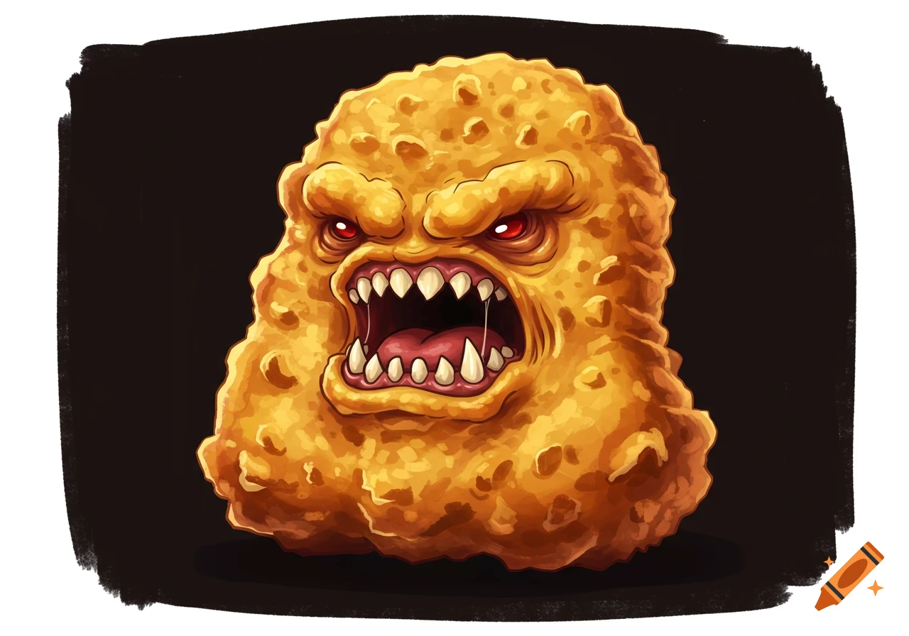 Illustration of a chicken nugget monster with sharp teeth and red eyes ...