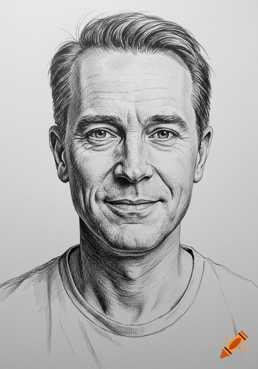 A detailed pencil drawing portrait of a smiling man. on Craiyon