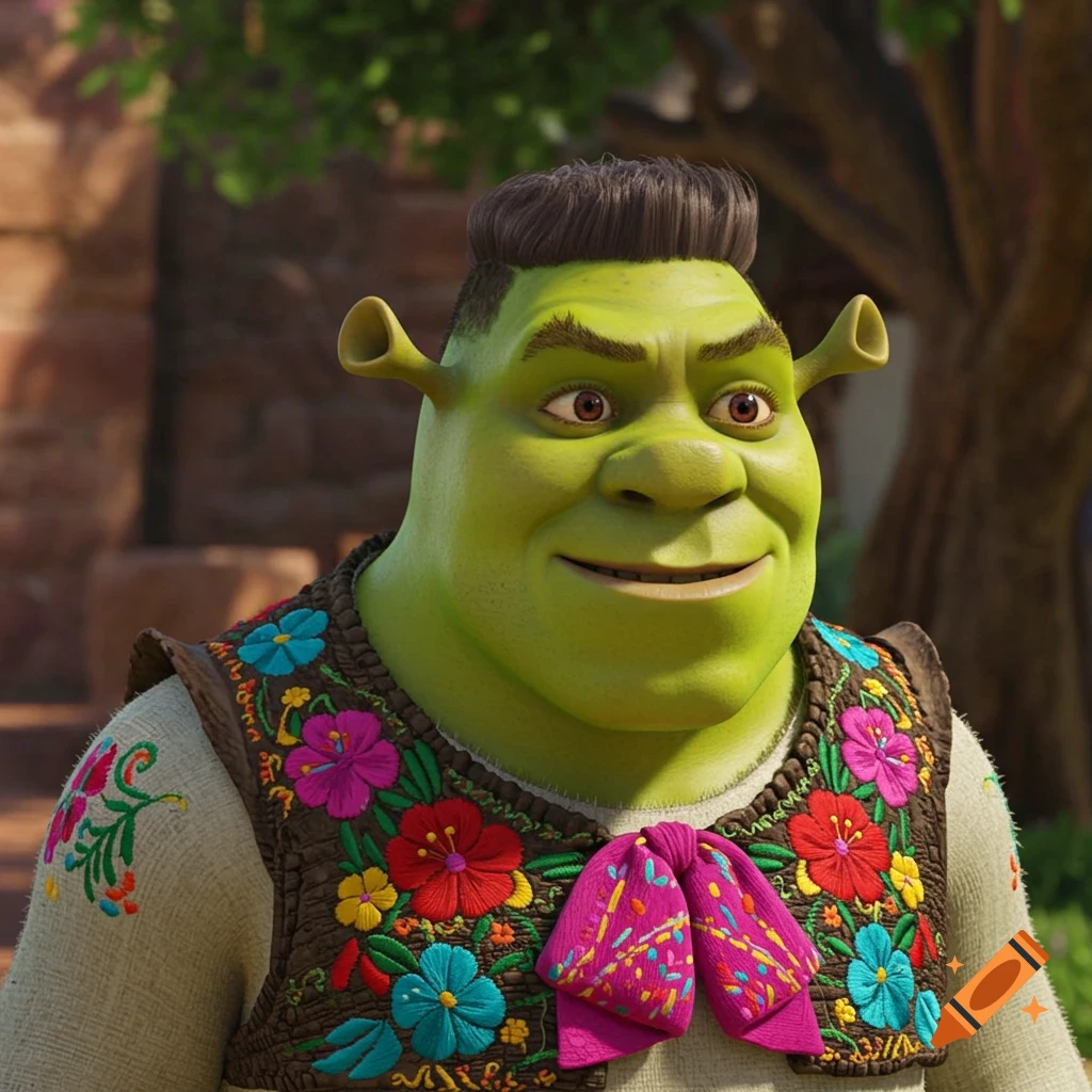 Shrek wearing an embroidered vest, pink bow tie, and edgar haircut on Craiyon