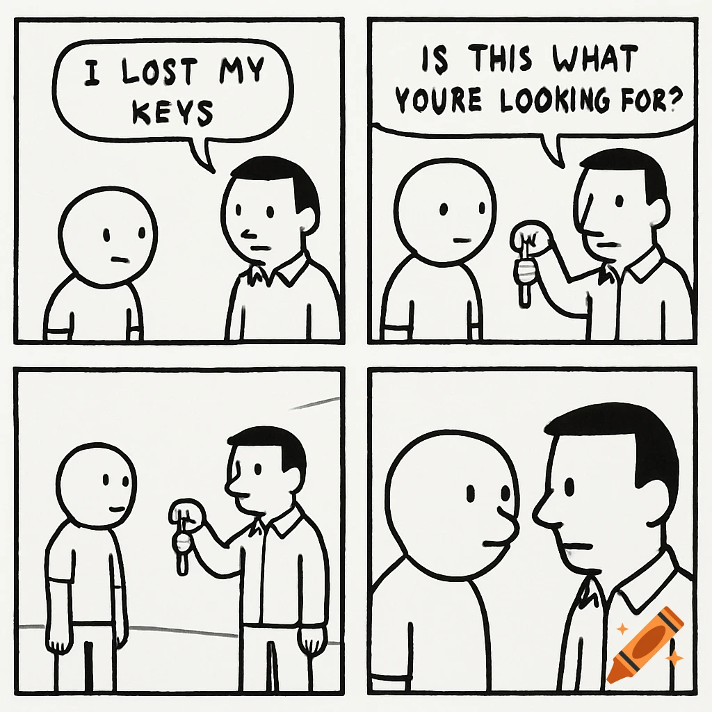 Simple line art four-panel comic about losing keys. One person asks if ...