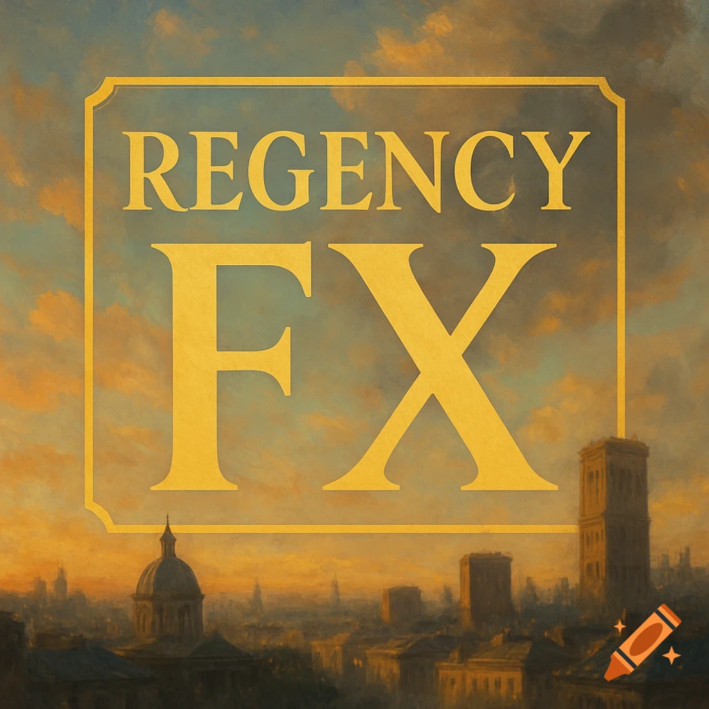 Gold "REGENCY FX" logo over a painterly city skyline at sunset. on Craiyon
