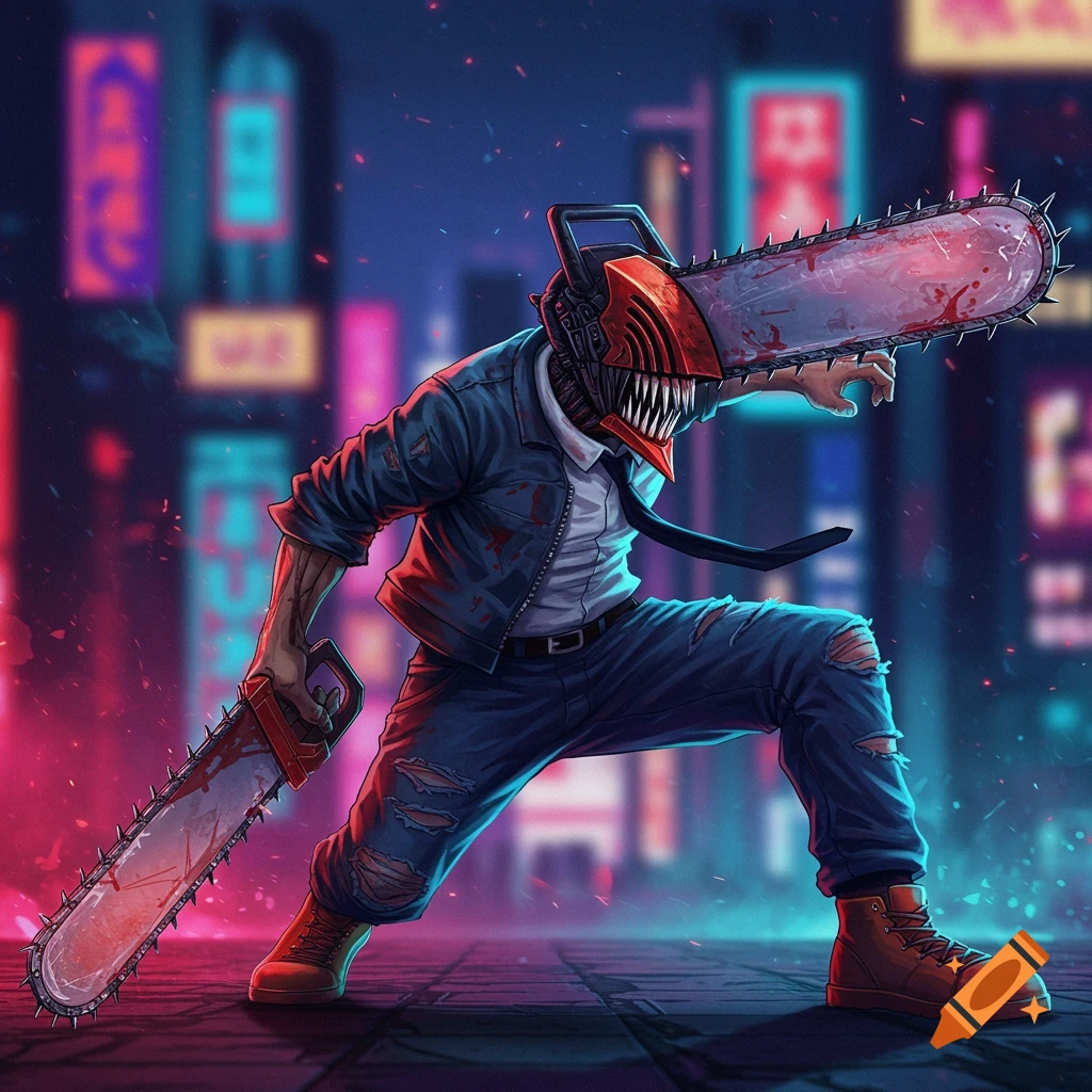 Chainsaw Man character with chainsaws in a dynamic pose on a neon city ...