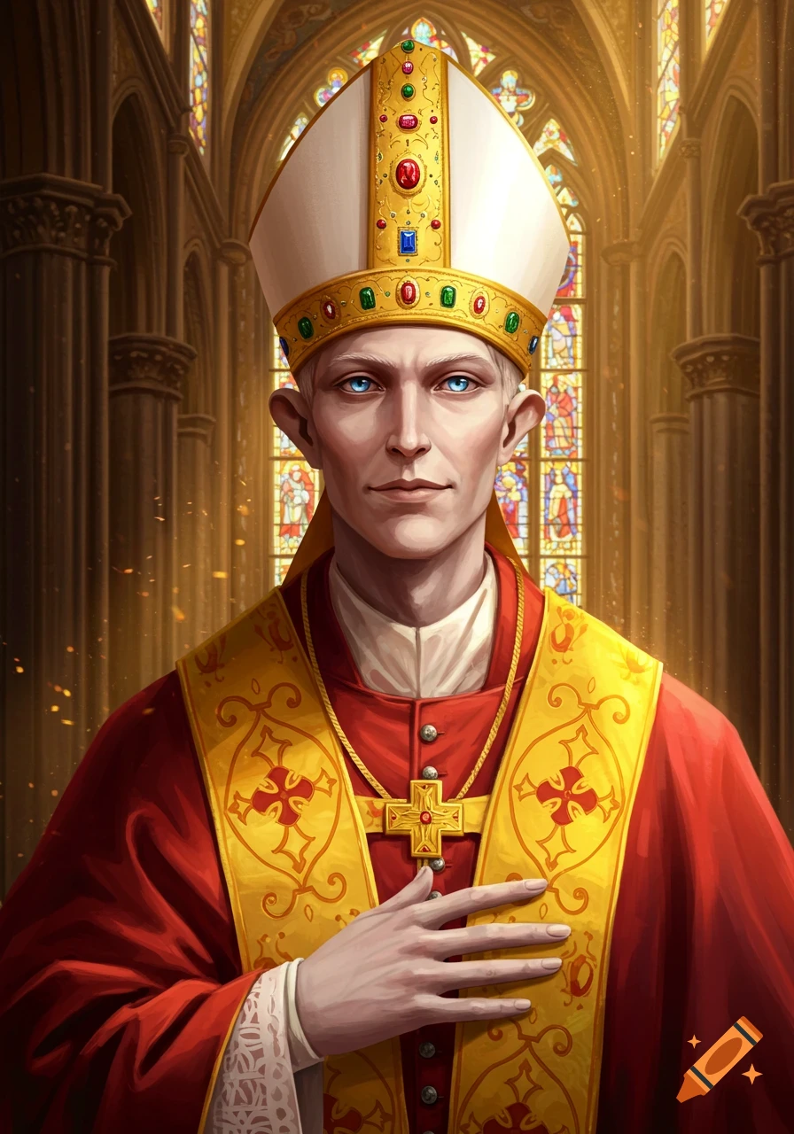 A portrait of a figure dressed as a pope standing in a cathedral with ...