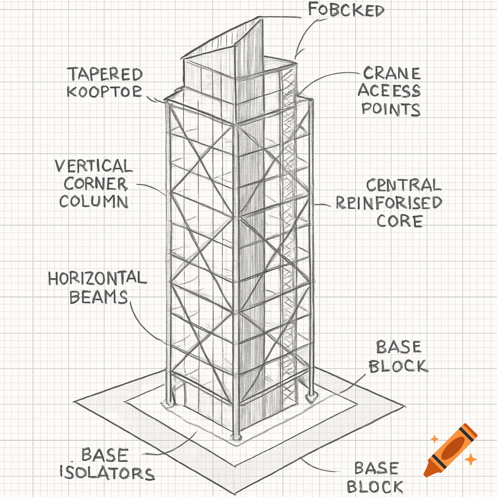 Hand-drawn sketch of a building structure diagram on graph paper with ...