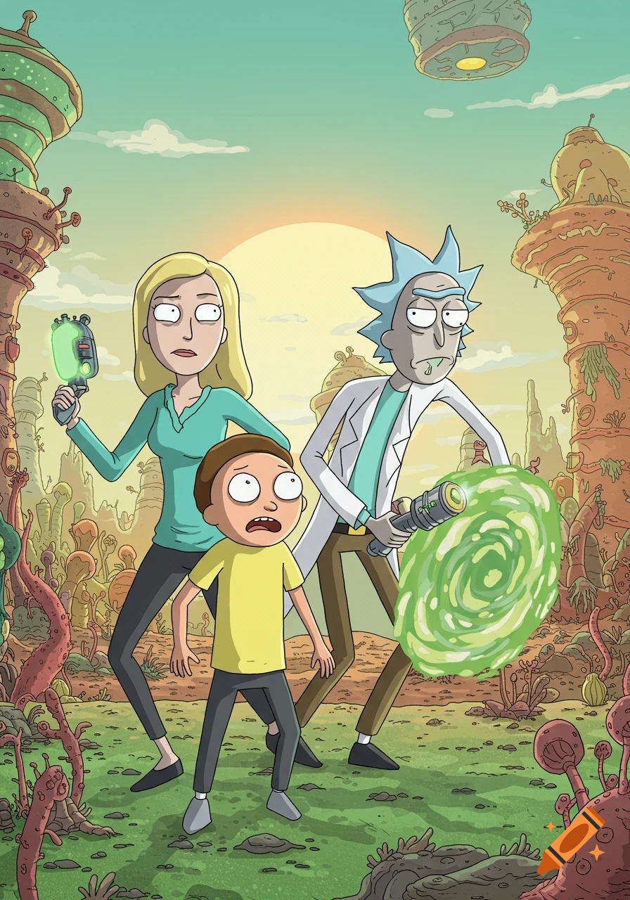 Rick, Morty, and Beth in an alien landscape, cartoon style on Craiyon