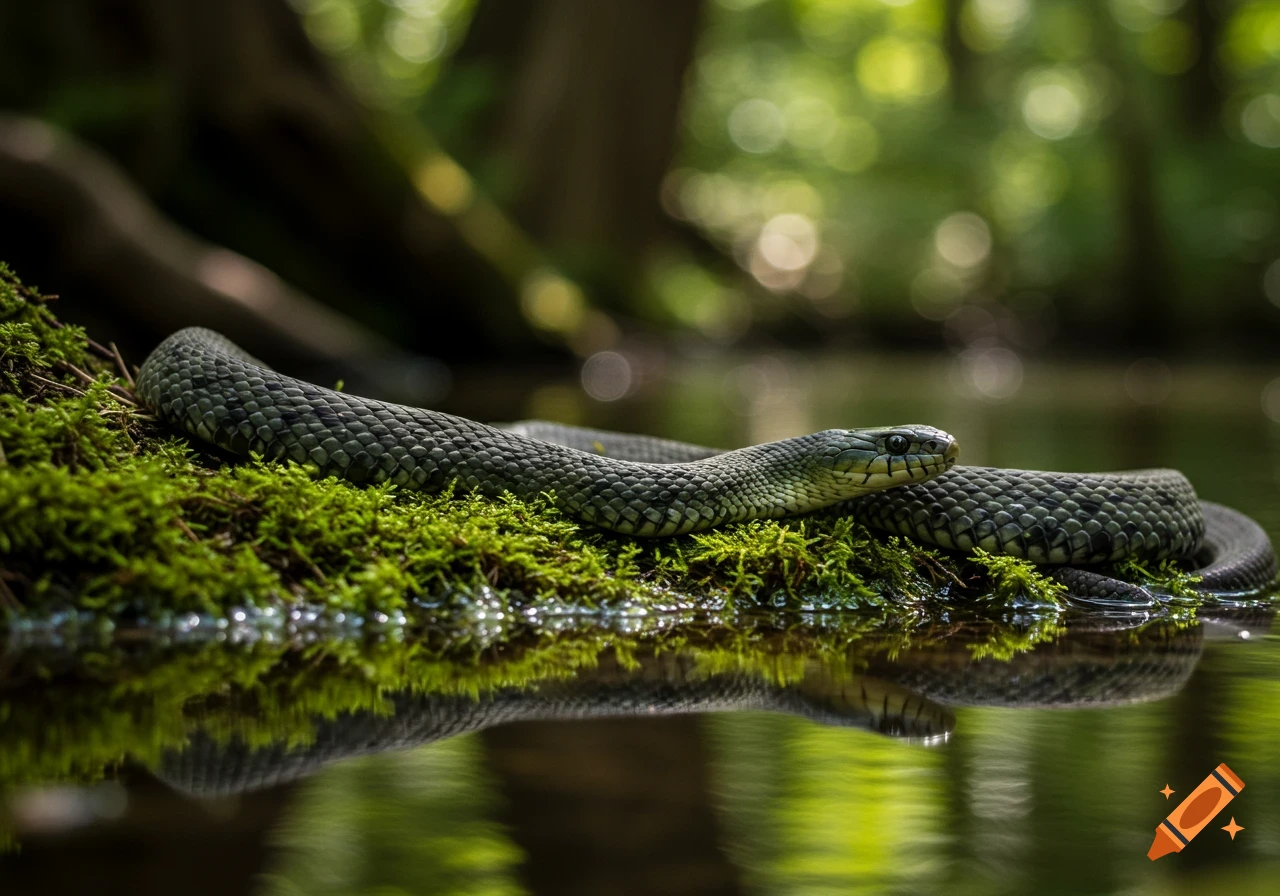 A close-up photo of a green snake resting on moss by a body of water ...