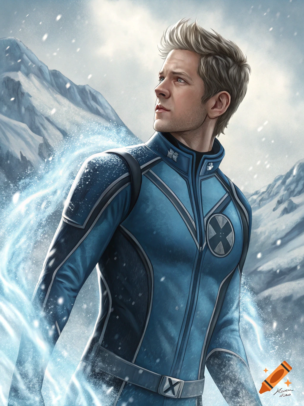 Digital illustration of a man in a blue superhero suit with ice effects ...
