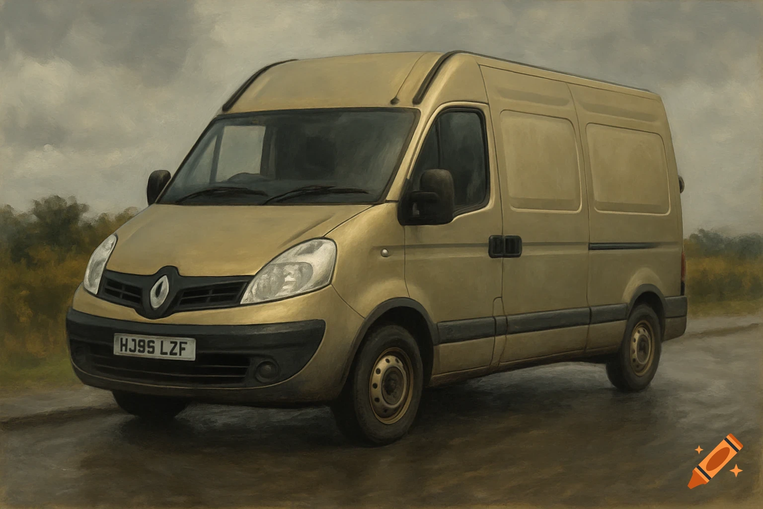 A gold Renault van with a Clio front on a road, painted style. on Craiyon
