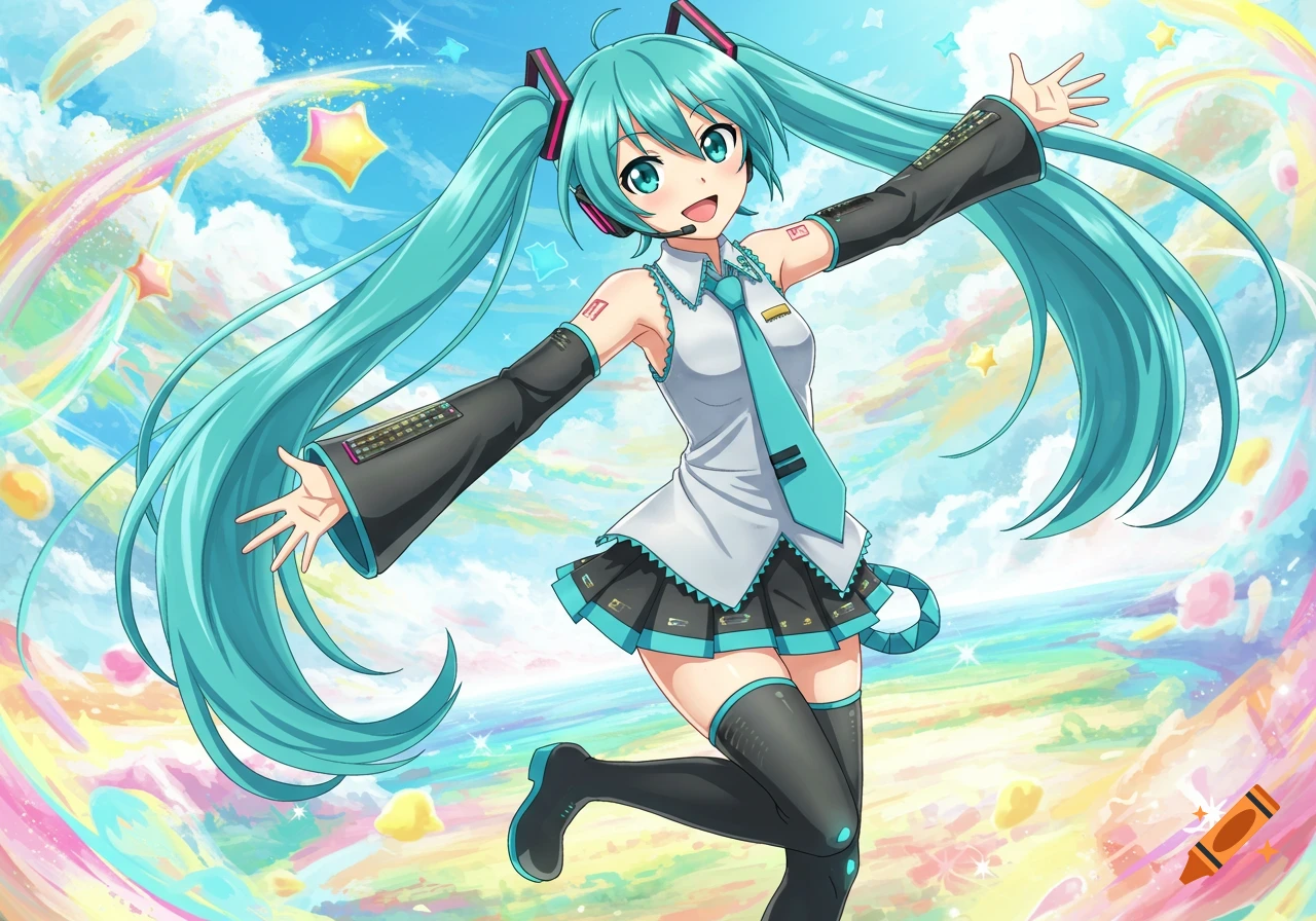 Anime character Hatsune Miku smiling with arms wide open against a ...