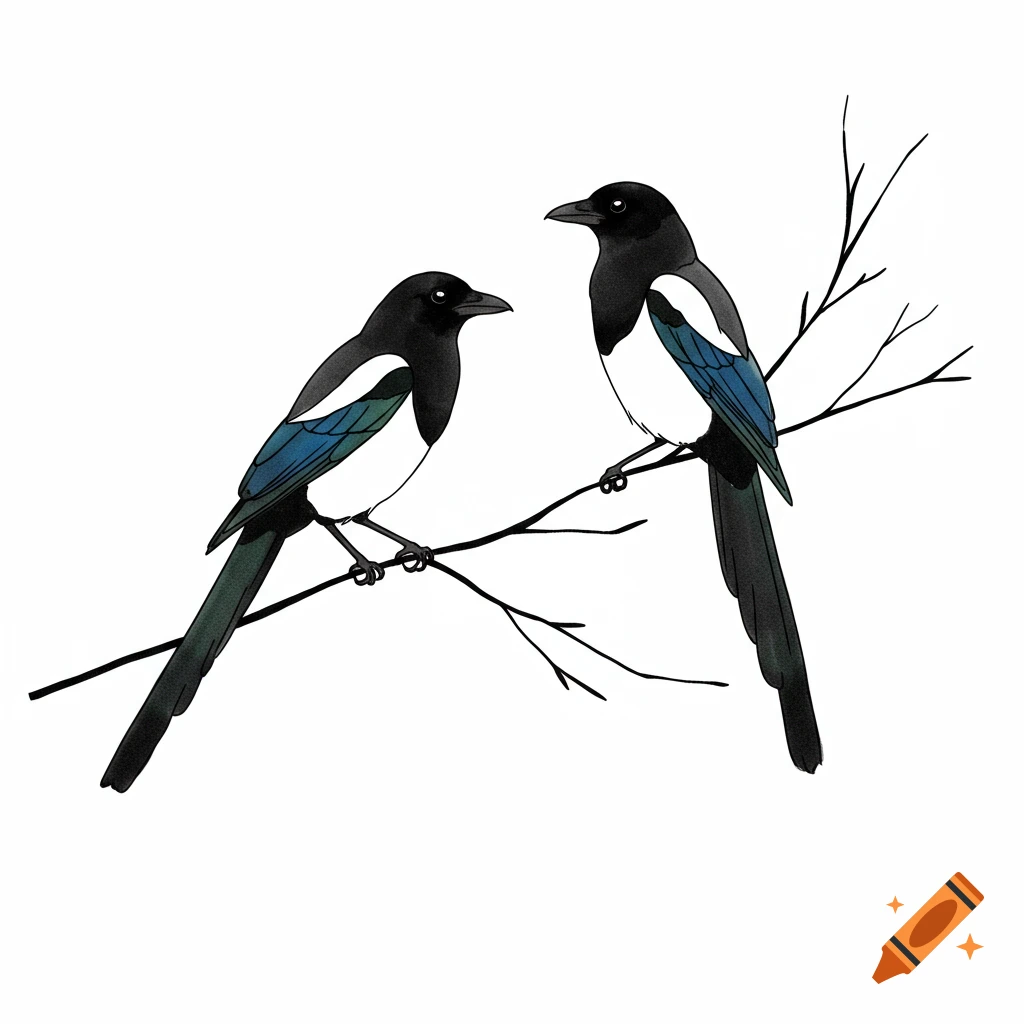 Minimalist illustration of two magpies perched on a branch. on Craiyon