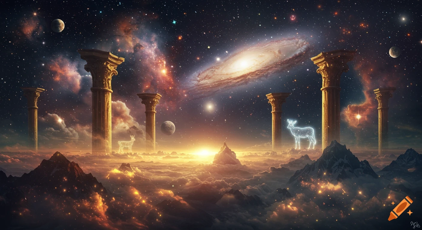 Surreal space fantasy with ancient pillars, glowing deer, mountains over clouds, and a galaxy ...