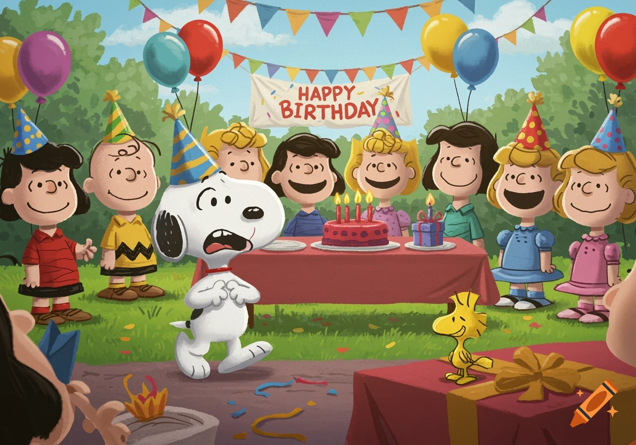 Snoopy looks nervous at a Peanuts birthday party with other characters ...