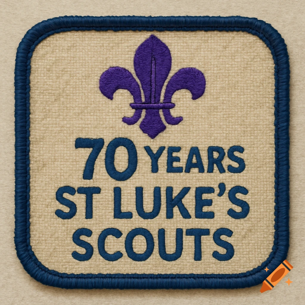 A beige embroidered scout badge with blue border and text '70 YEARS ST ...