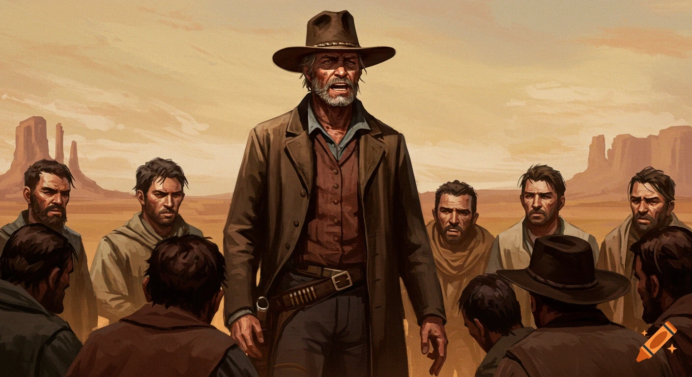 Digital painting of a man in a cowboy hat addressing a group of men in ...