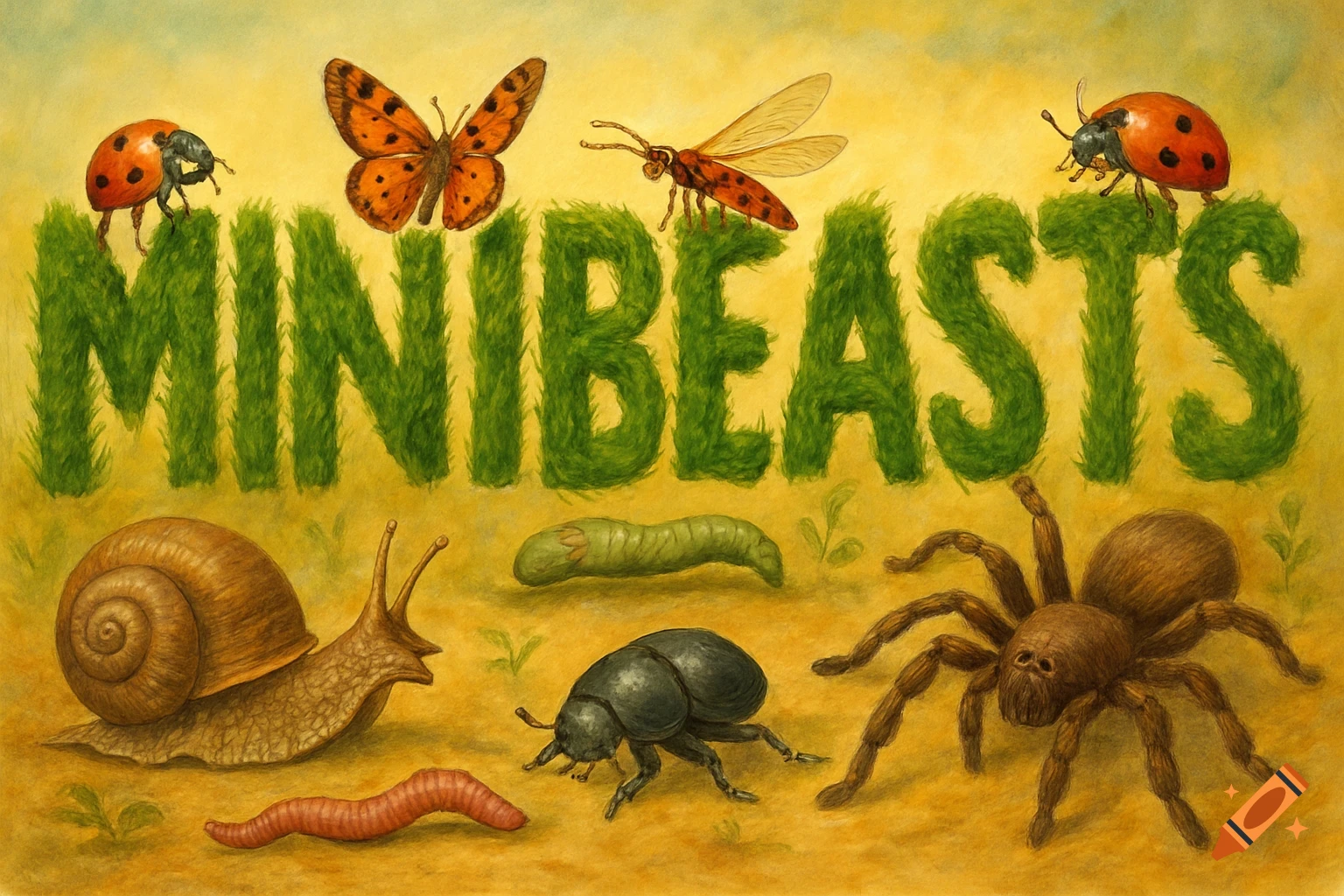 Illustration of minibeasts including insects, snail, and worm around ...