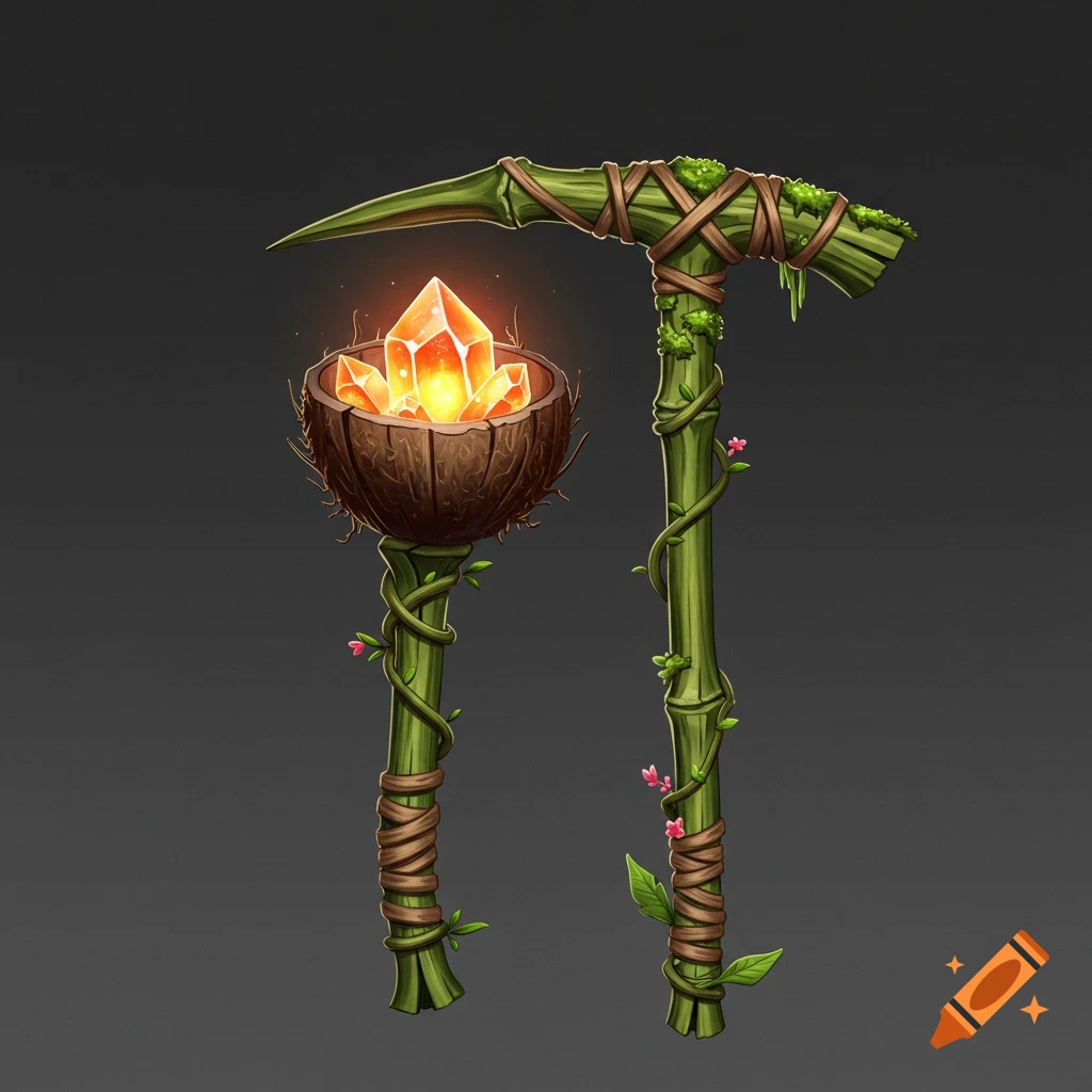 Stylized fantasy tools: a bamboo and vine pickaxe and a staff with a ...