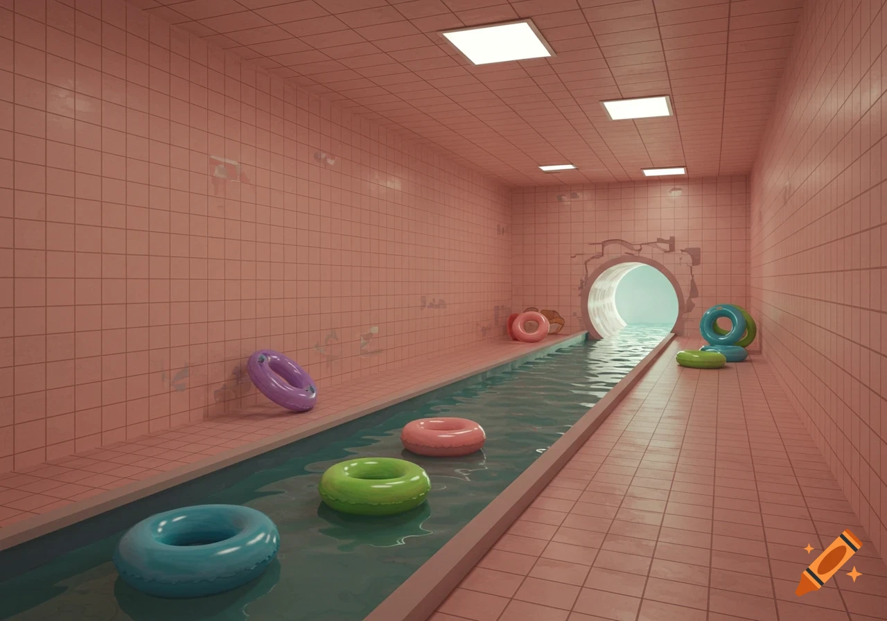 A liminal space image of a room with pink tiled walls, a lazy river ...