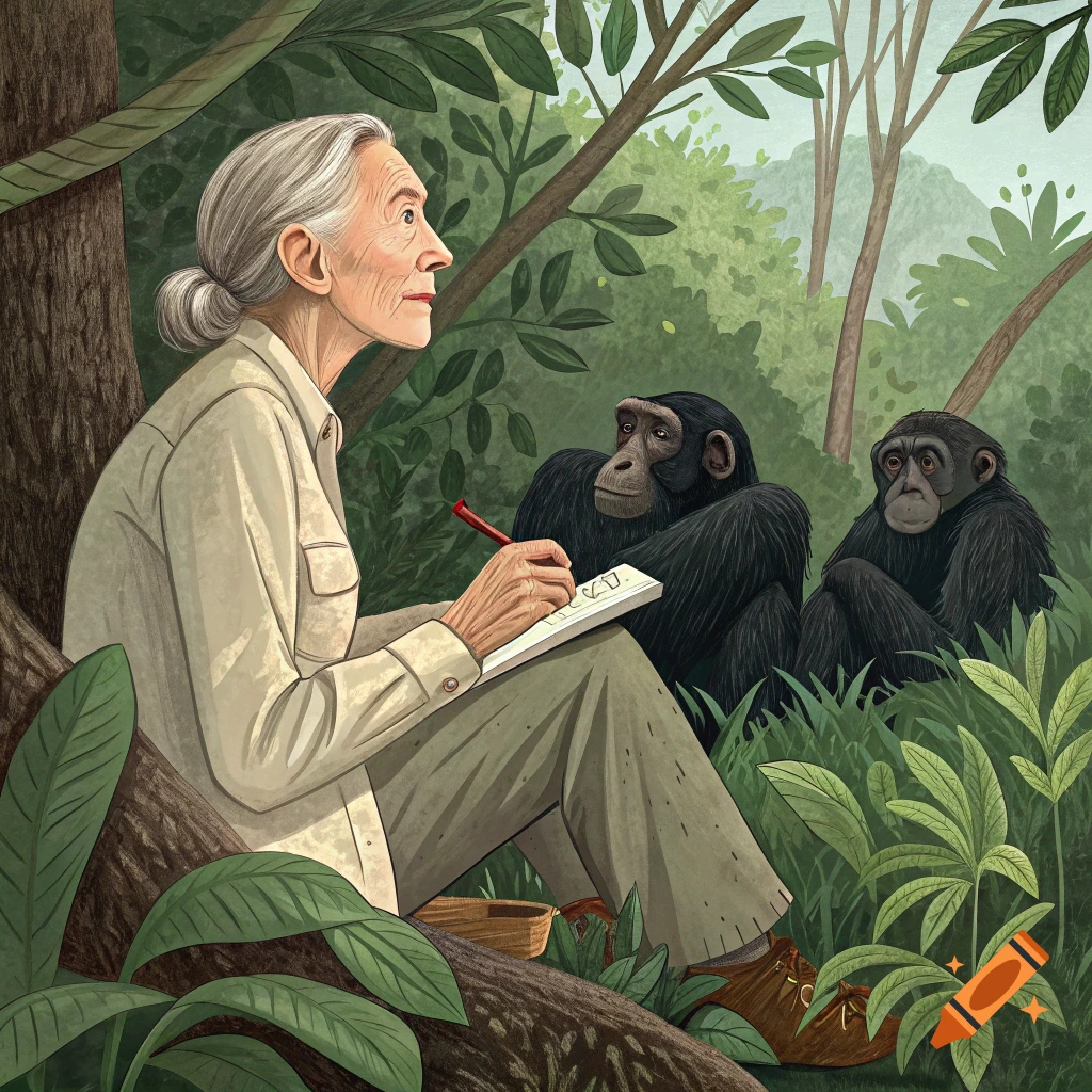 Illustration of Jane Goodall writing in a notepad with two chimpanzees ...