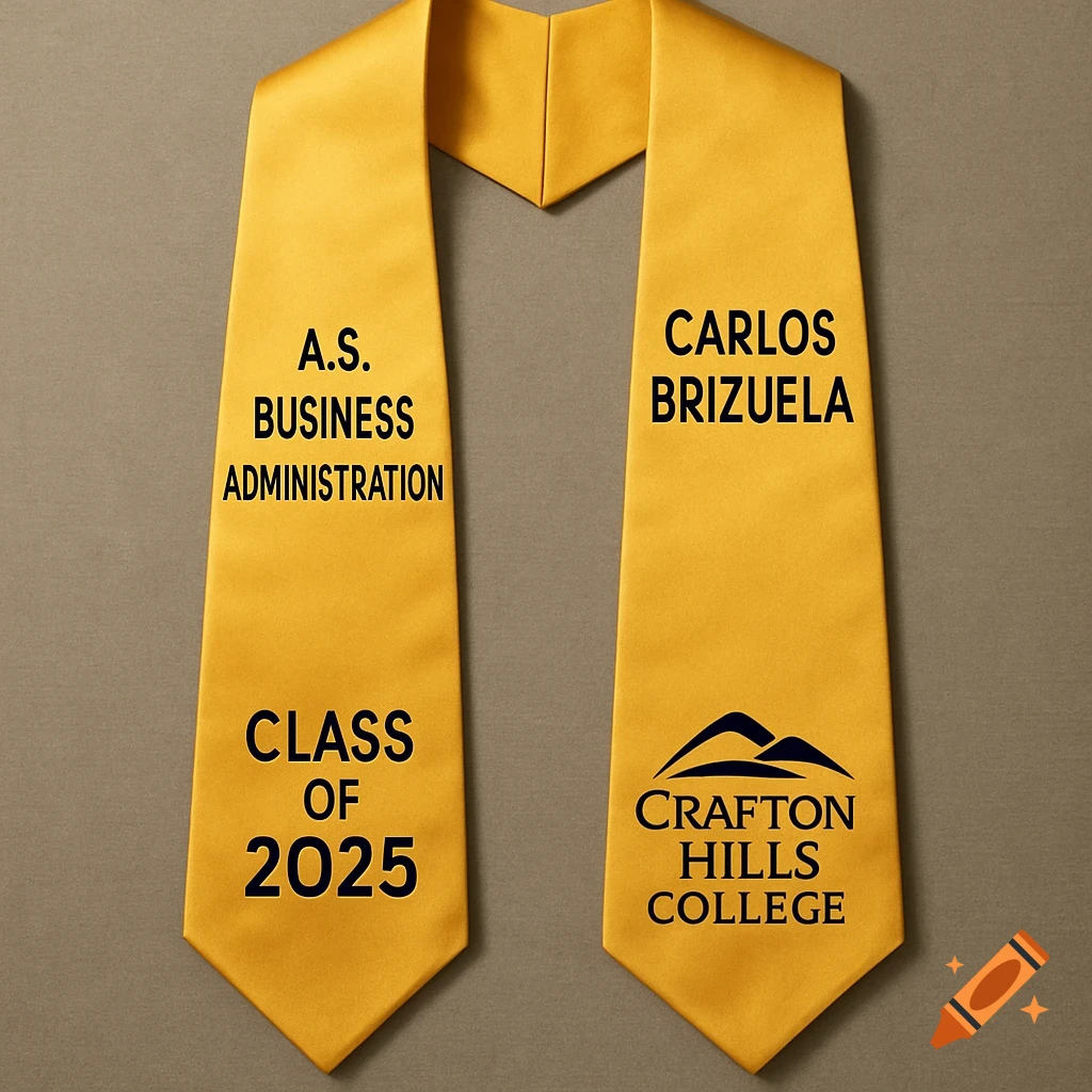 Gold graduation sash with text and logo on Craiyon