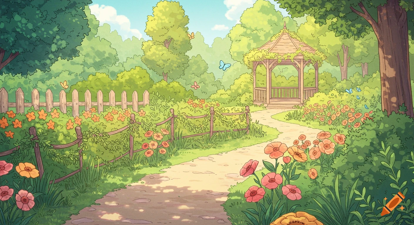 A path leads through a stylized cartoon garden with flowers, trees, and ...