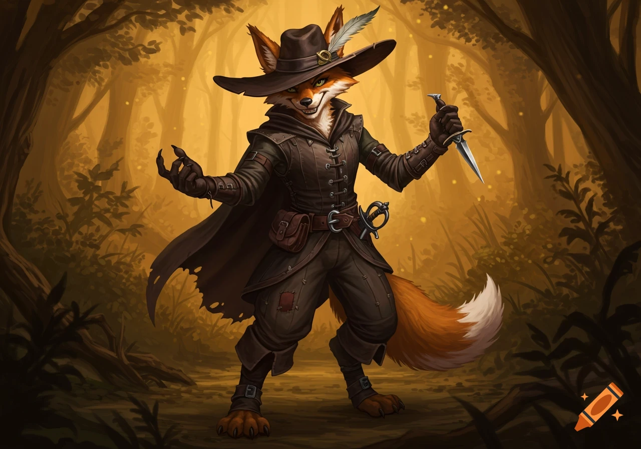 An illustration of a vulpin (fox) rogue adventurer standing in a forest ...