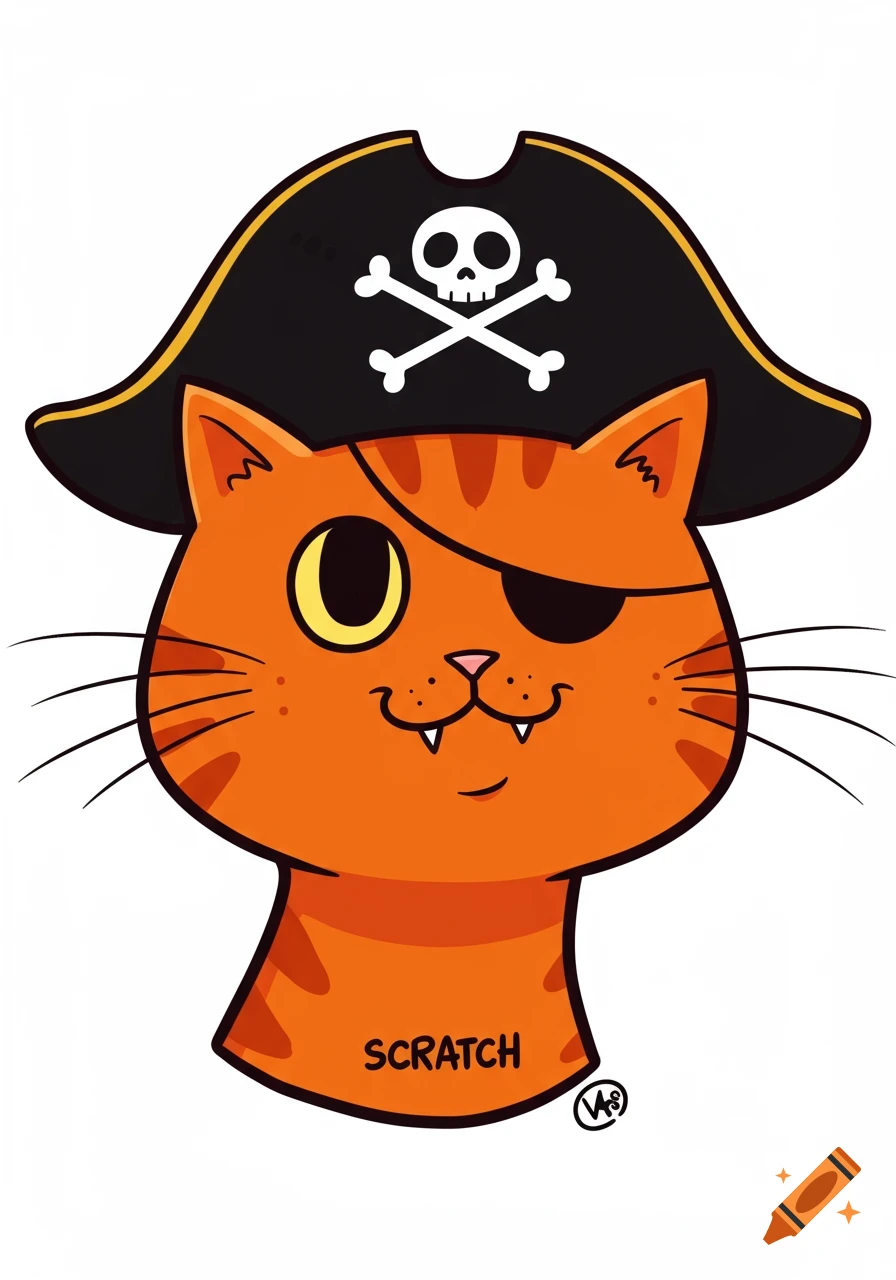 Cartoon orange cat pirate with eye patch and text 'SCRATCH' on Craiyon