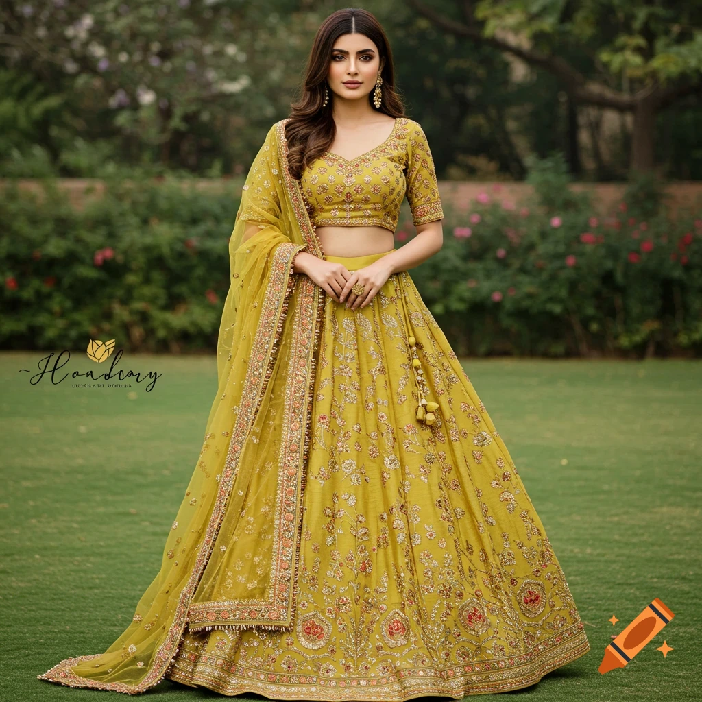 Woman in a yellow traditional pakistani lengha standing in a garden on ...