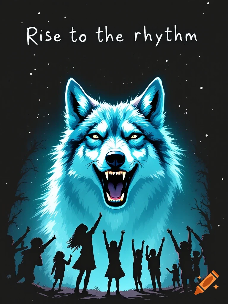 A large glowing blue wolf stands over silhouetted people reaching up ...