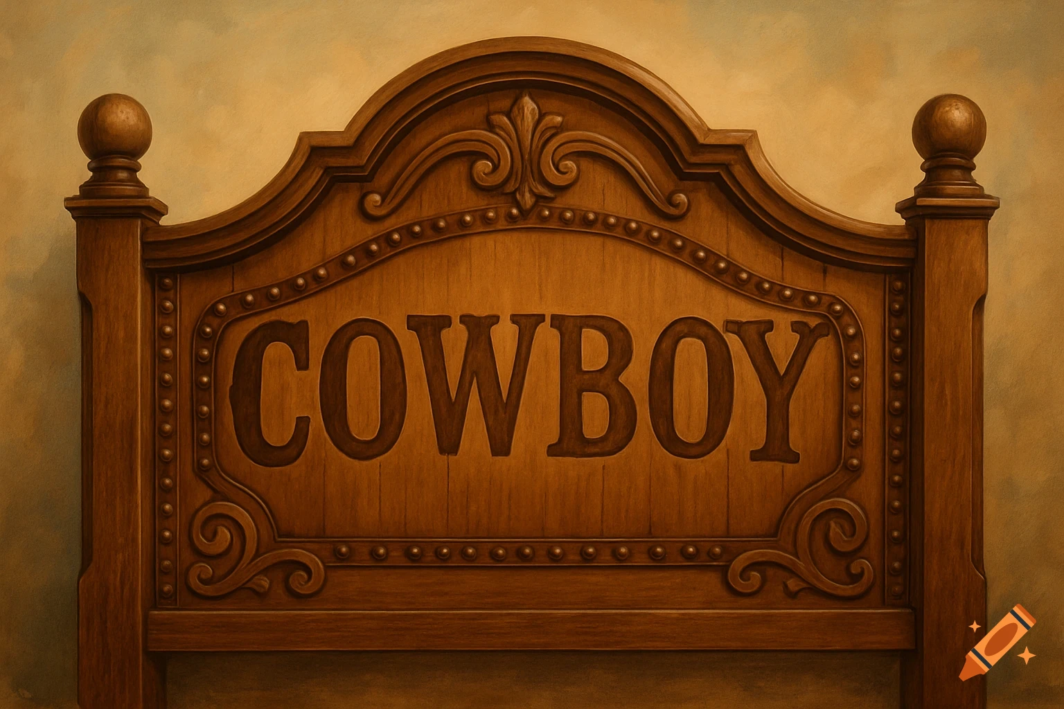 Wooden headboard with carved word COWBOY and western style details on ...