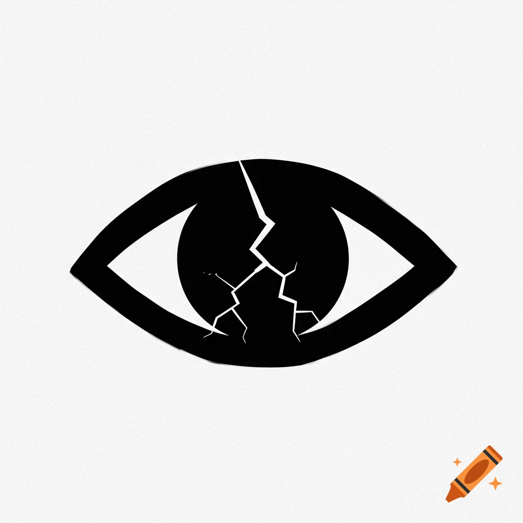 A black and white symbol of an eye with a crack in the pupil and iris ...
