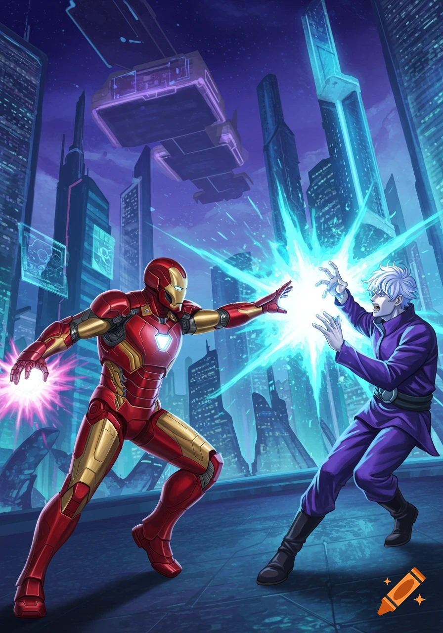 Iron Man battles Gojo with energy blasts in a futuristic city landscape ...