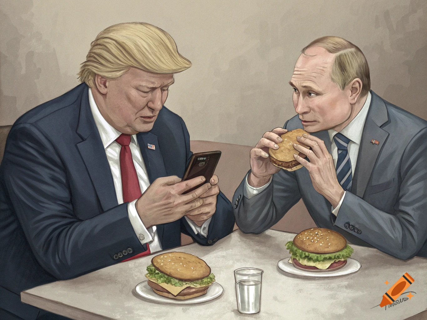 Illustration of Donald Trump looking at a phone while Vladimir Putin ...