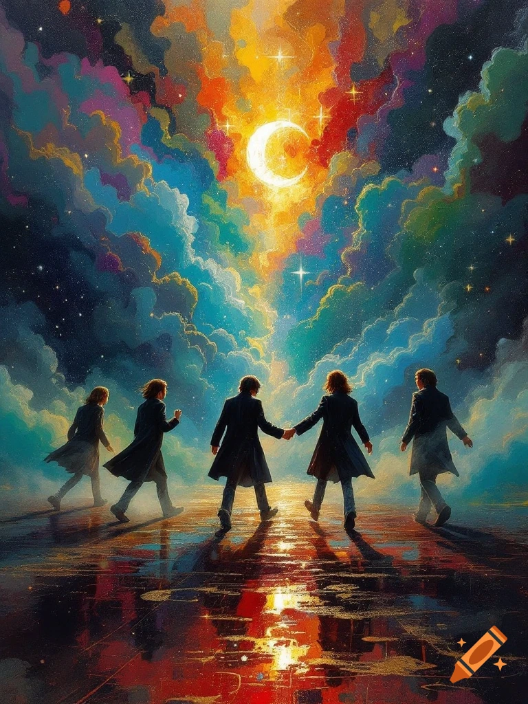 Five figures walk towards a bright crescent moon in a vibrant, cloudy sky, reflected below, in ...