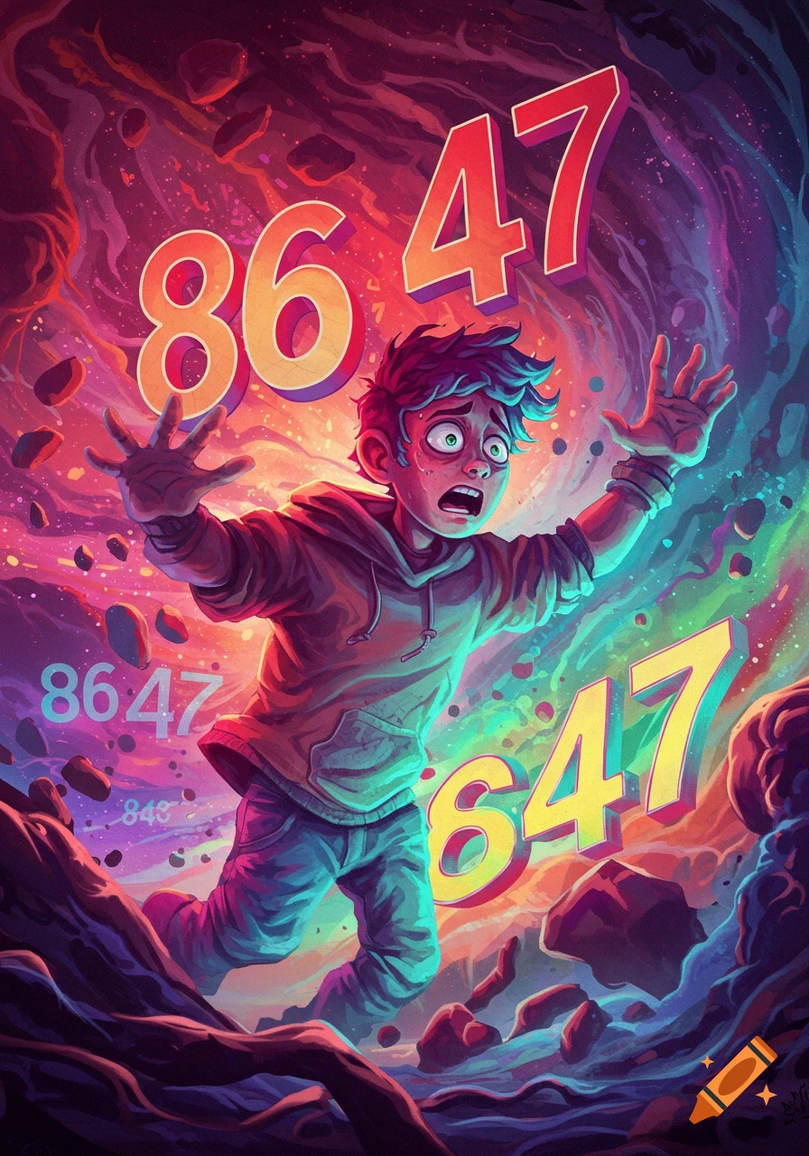 A scared boy surrounded by large numbers 8647 and rocks in a colorful ...