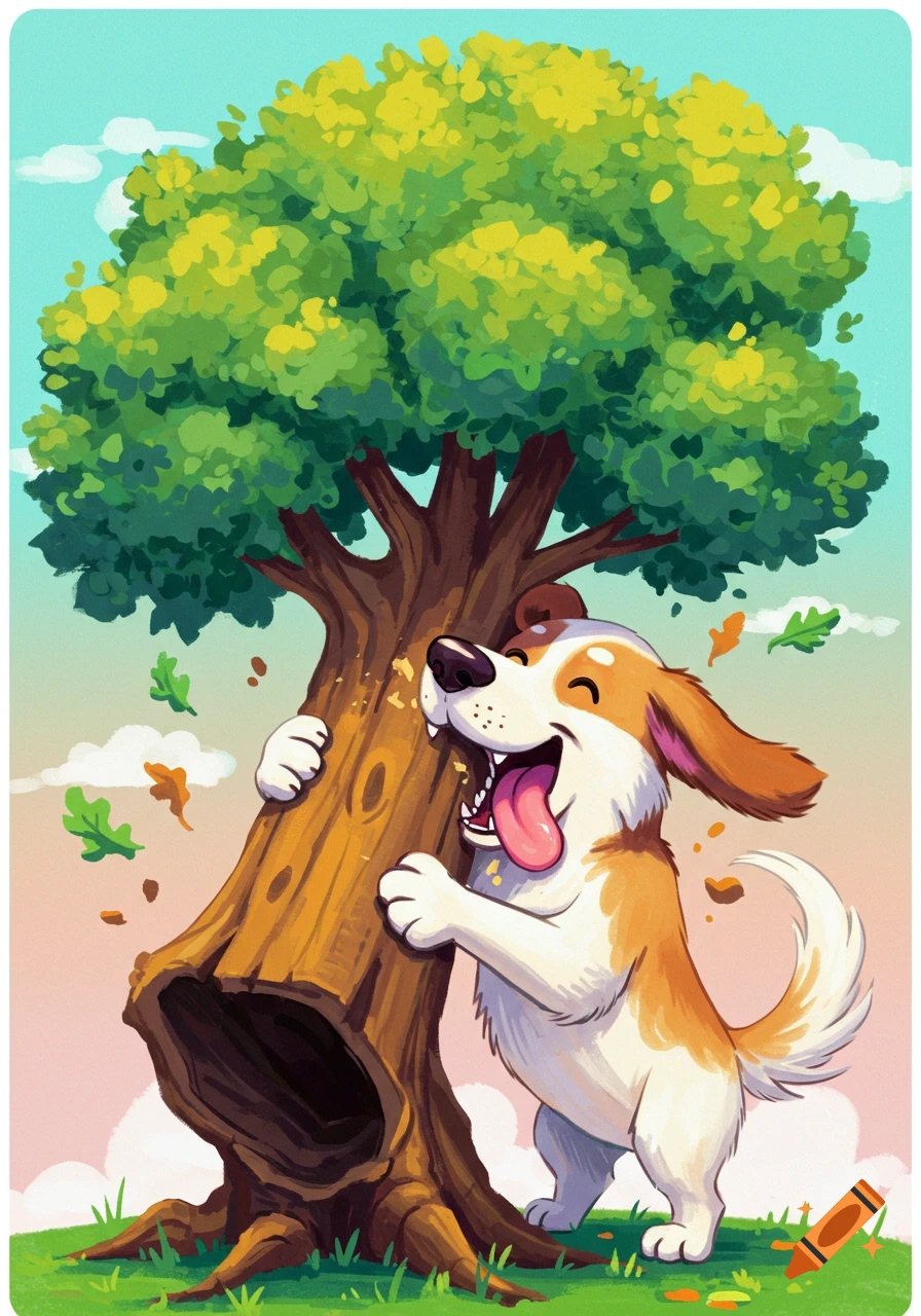 Cartoon dog happily chewing on a tree trunk with wood chips flying. on ...