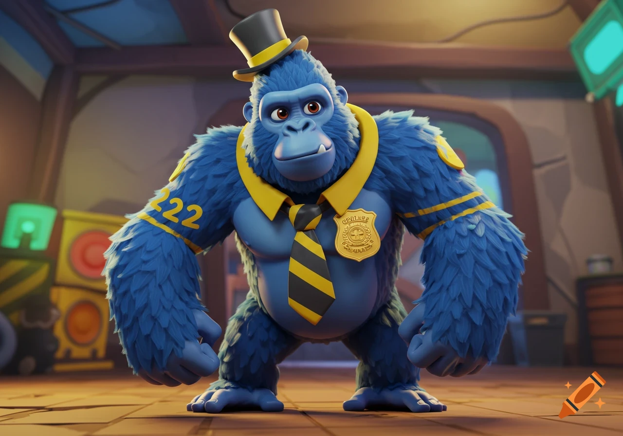 A stylized blue gorilla wears a top hat, tie, and police badge. on Craiyon
