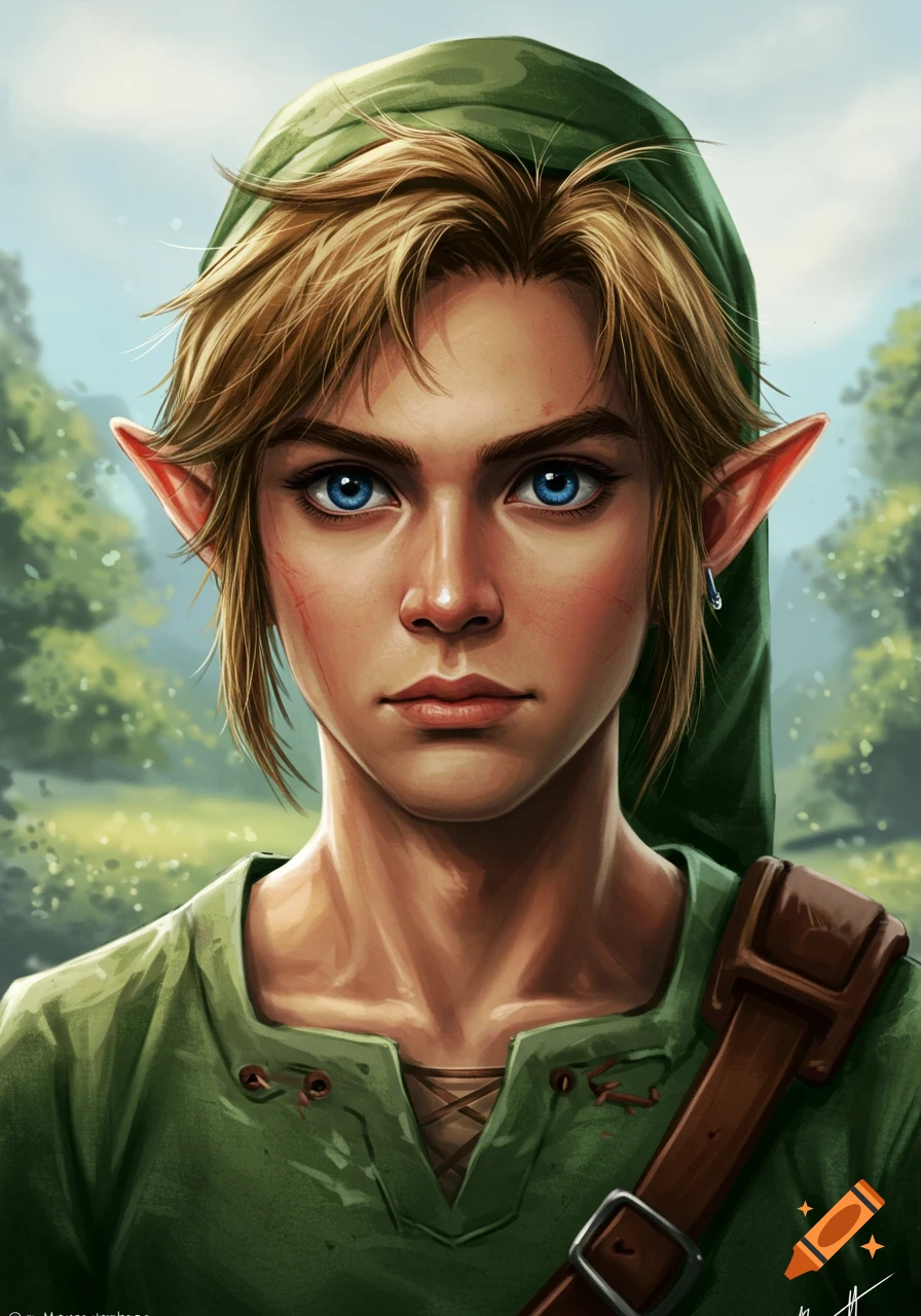 A realistic portrait of Link from The Legend of Zelda, with blue eyes ...