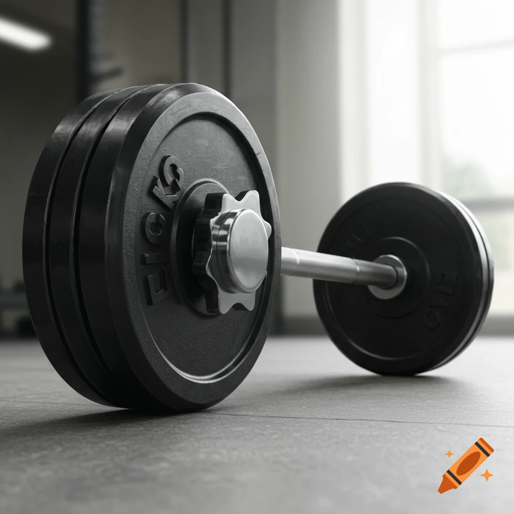 Close-up view of a barbell with weights on a gym floor on Craiyon