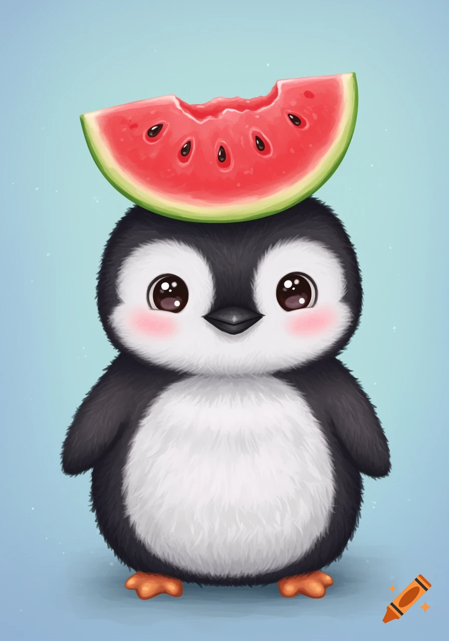 A cute illustrated penguin with a slice of watermelon on its head. on ...