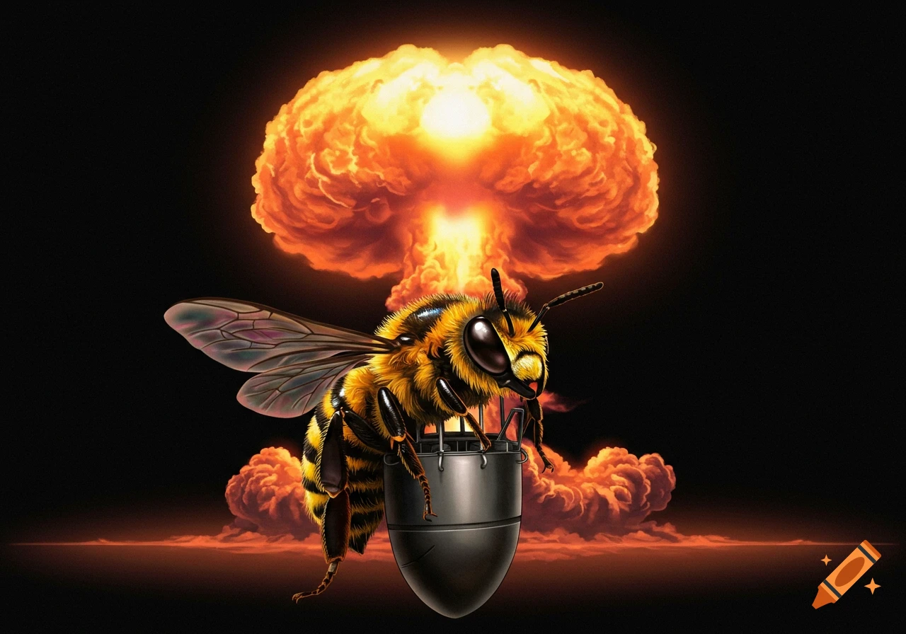 A bee holds an atomic bomb with a nuclear mushroom cloud in the ...