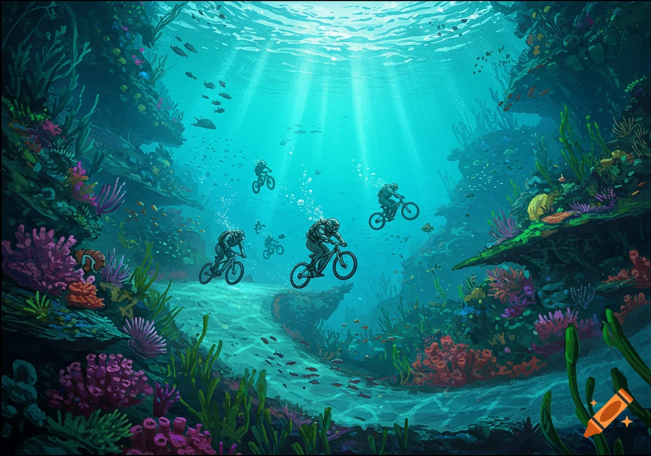 Divers riding bikes underwater through a vibrant coral reef with sun ...
