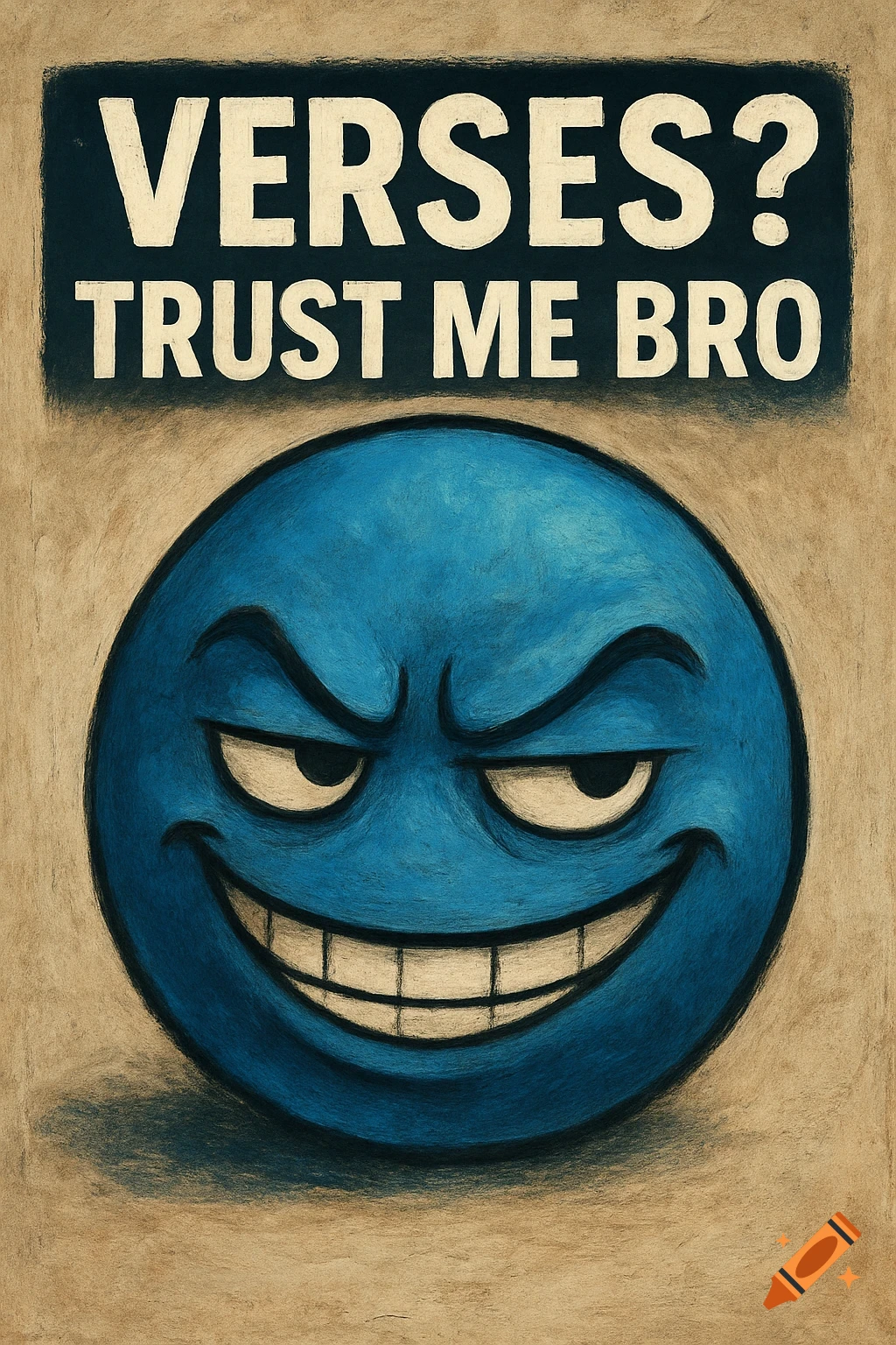 A mischievous blue emoji with slanted eyes and a wide grin, above the ...