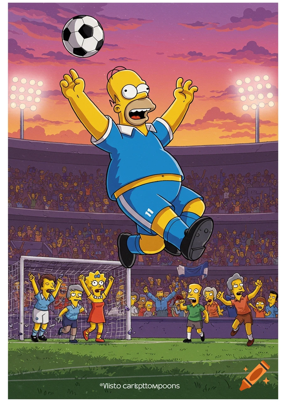 Homer Simpson jumps to head a soccer ball in a stadium during a game ...