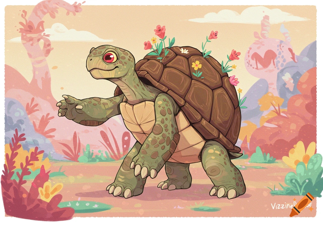Whimsical illustration of a turtle walking in a colorful fantasy ...