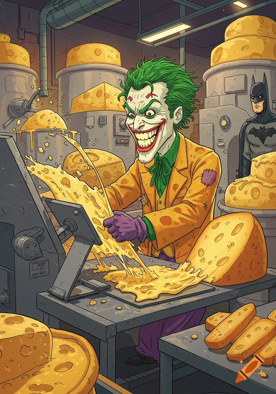 The Joker pours liquid cheese in a cheese factory while Batman watches ...